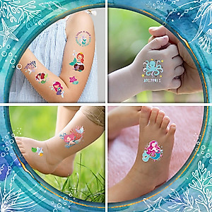 Mermaid Glitter Temporary Tattoos for Kids, 4 Sheets Bronzing Fake Tattoos for Girls, Cute Under Sea Animal Body Arm Shoulder Tattoos Stickers Waterproof Tattoos, Party Favors Supplies Decor Gifts
