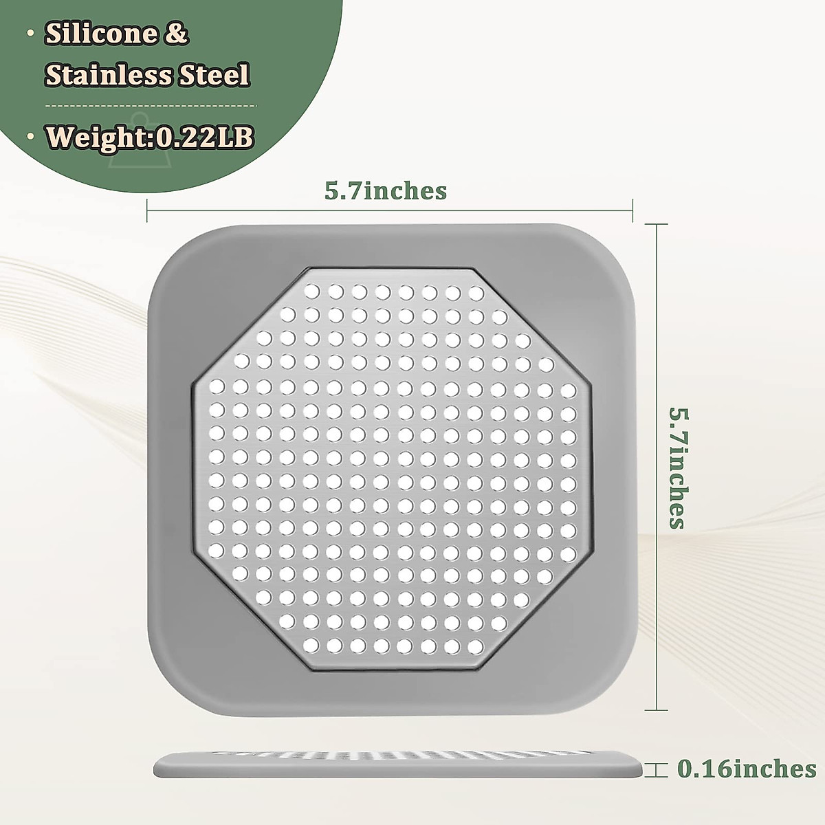 Shower Drain Hair Catcher 5.7-inch Square Drain Cover Protector Hair Stopper Trap Flat Strainer,Easy to Install,Suit for Bathroom Floor Drain,Stainless Steel and Silicone