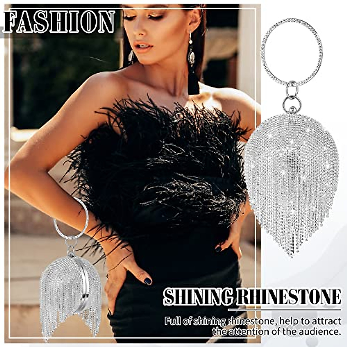 Women Crystal Tassel Clutch Purse Rhinestone Evening Hand Bags with Long Chain for Wedding Engagement Party（Silver）