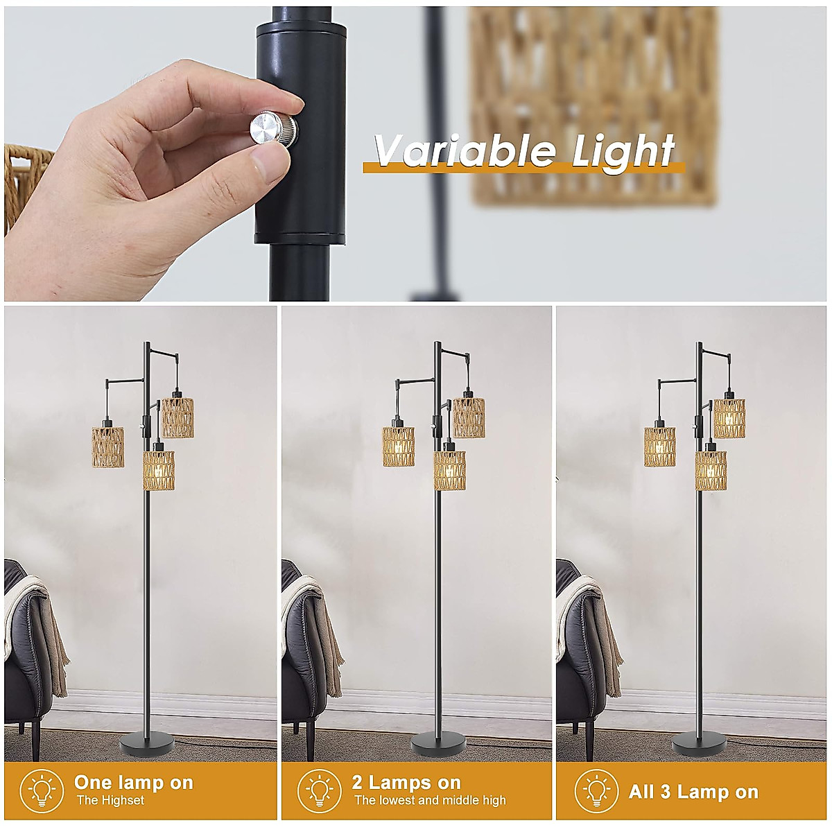 gernehop Floor Lamps for Living Room,3 Light Rattan Standing Tall Lamp with Foot Switch & Sturdy Base,Farmhouse Rustic Tree Black Vintage Floor Lamp for Bedroom Office