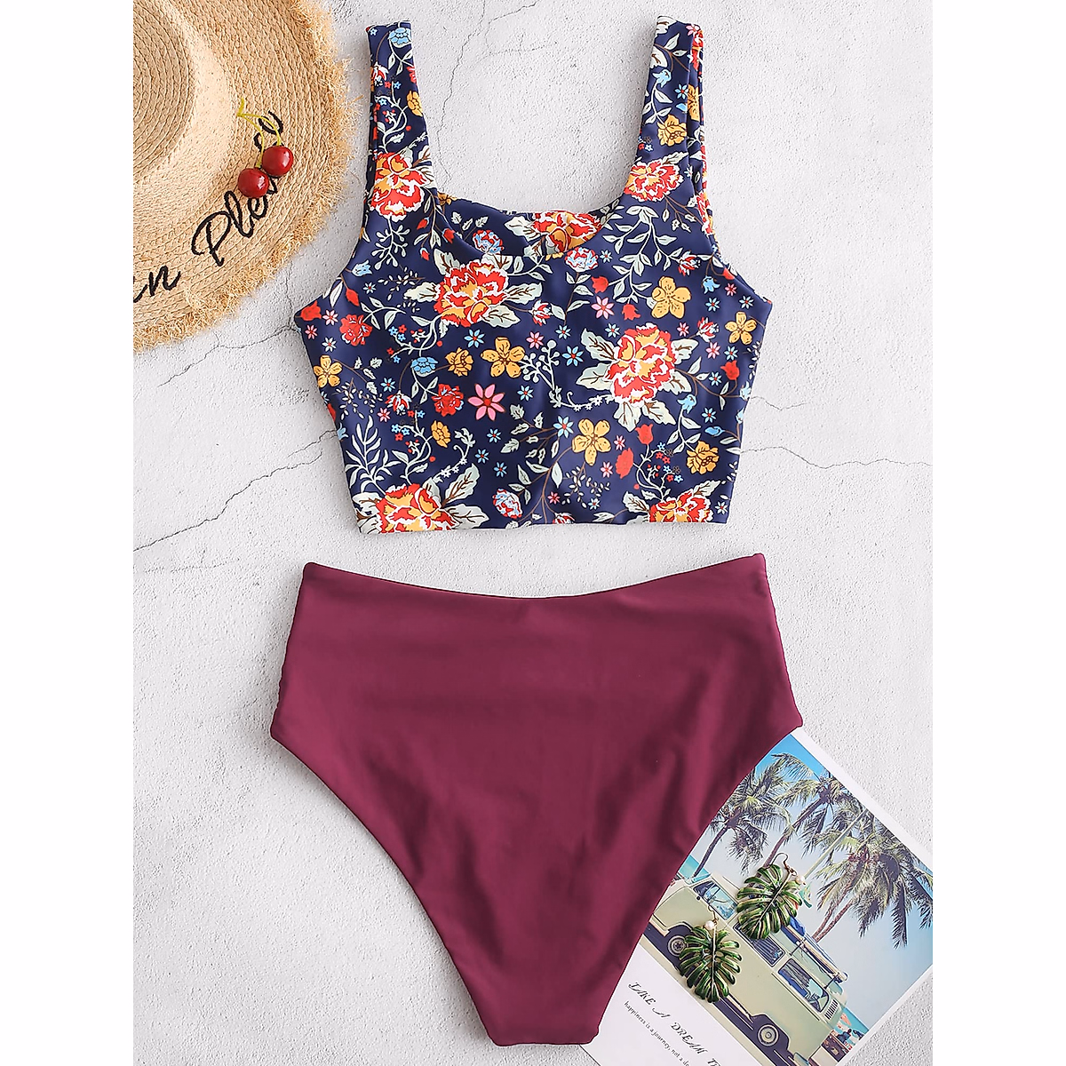 ZAFUL Women's Scoop Neck Tropical Leaf Knotted Two Pieces Tankini Set Swimsuit (4-Plum Pie, L)