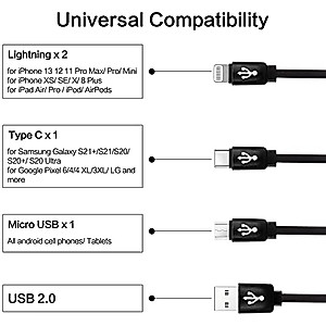 Multi Charging Cable 2 Pack 3FT, 4 in 1 Retractable Multiple Charger Cord Multi USB Cable Adapter with Dual Lightning/Type C/Micro USB Port for iPhone/Samsung Galaxy/Pixel/Phones/Tablets and More