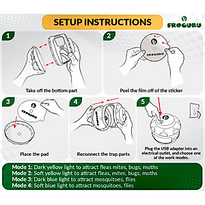 FROGURU Flea Trap with 20 Sticky Refill Discs - Easy to Use Indoor Flea Catcher Treatment with 4 LED Light Modes - Traps Insects Inside Your Home Like Fleas, Flies, Mosquitoes, Gnats, Moths, etc.
