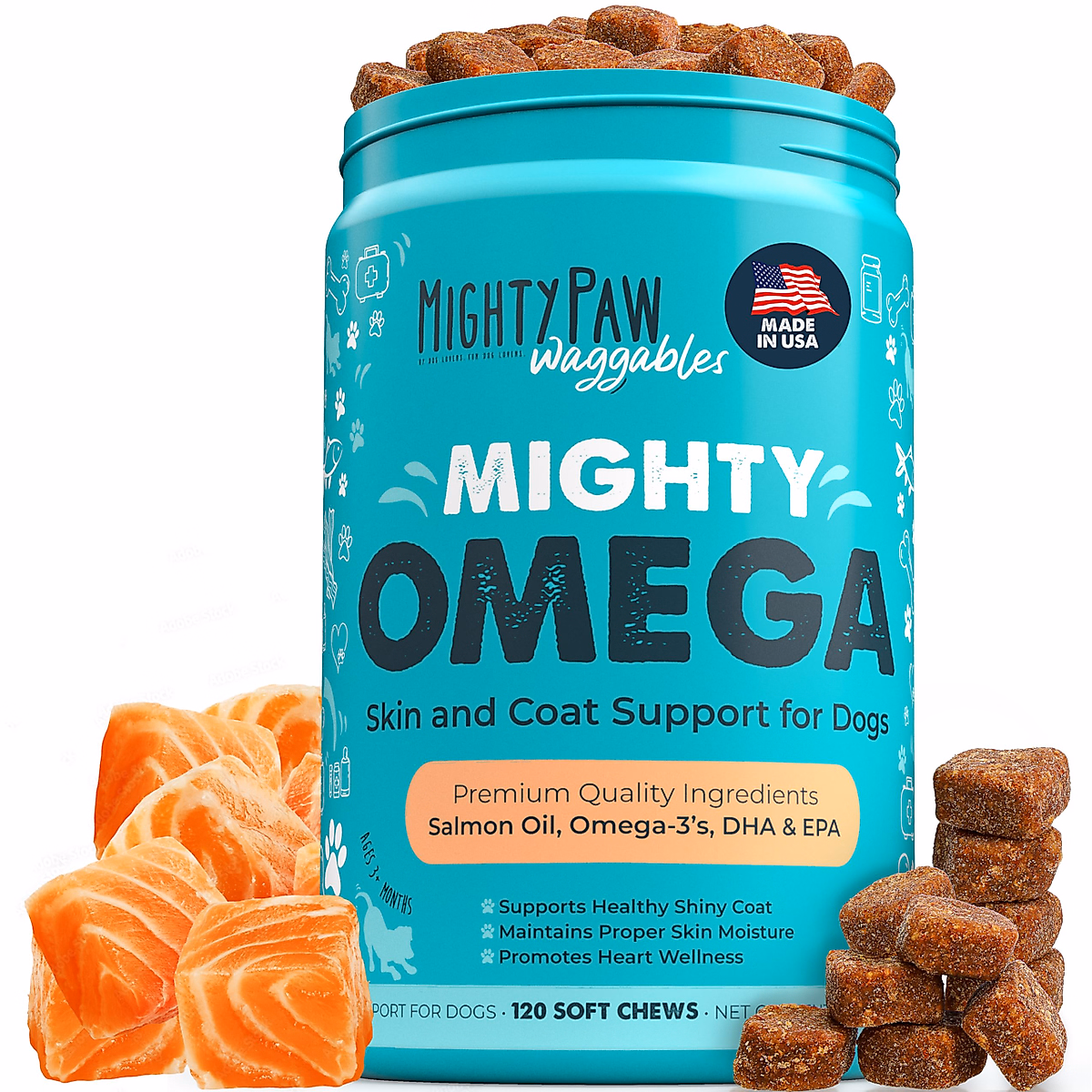Mighty Paw Waggables Mighty Omega (Made in The USA, 120 Count) | Omega 3 Fish Oil Chew for Dogs. Salmon Oil for Dogs Skin and Coat Supplement. Soft Chew Fish Oil for Dogs - DHA & EPA, Bacon Flavor