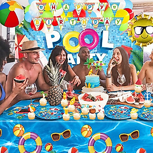 Hombae Pool Party Decorations, Summer Beach Swimming Themed Birthday Supplies Backdrop Balloon Banner Tablecloth Cake Topper Plate Napkin Cup Straw Knife Fork Spoon Cool Blue Tableware 205 PCs