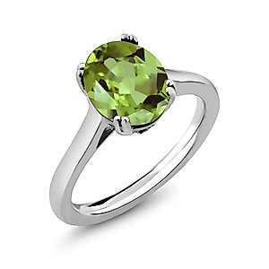 Gem Stone King 925 Sterling Silver Green Peridot and White Diamond Solitaire Ring For Women (3.03 Cttw, Oval 11X9MM, Gemstone Birthstone, Available In Size 5, 6, 7, 8, 9)