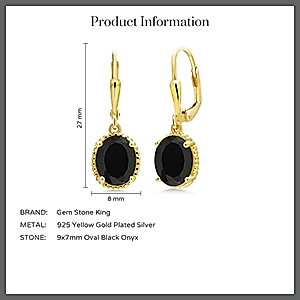 Gem Stone King 18K Yellow Gold Plated Silver Black Onyx Leverback Dangle Earrings For Women (4.00 Cttw, Gemstone December Birthstone, Oval 9X7MM)