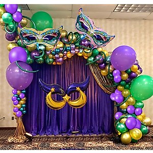 Mardi Gras Balloon Garland Kit,108 PCS Purple Green Gold Balloons Mask Sign Foil Balloons for Mardi Gras Masquerade New Orleans Party