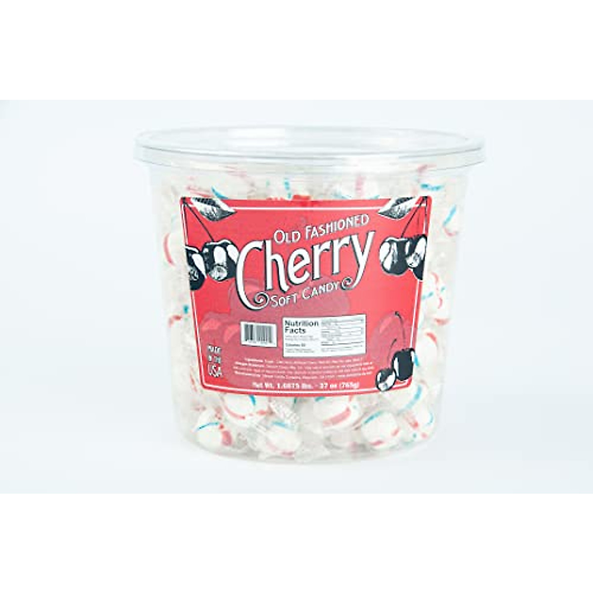 Stewart Old Fashioned Cherry Flavored Pure Sugar Candy Puff Balls - Individually Wrapped Candy Snack, Fat-Free, Cholesterol-Free, Gluten-Free, Made in the USA - 27oz Tub