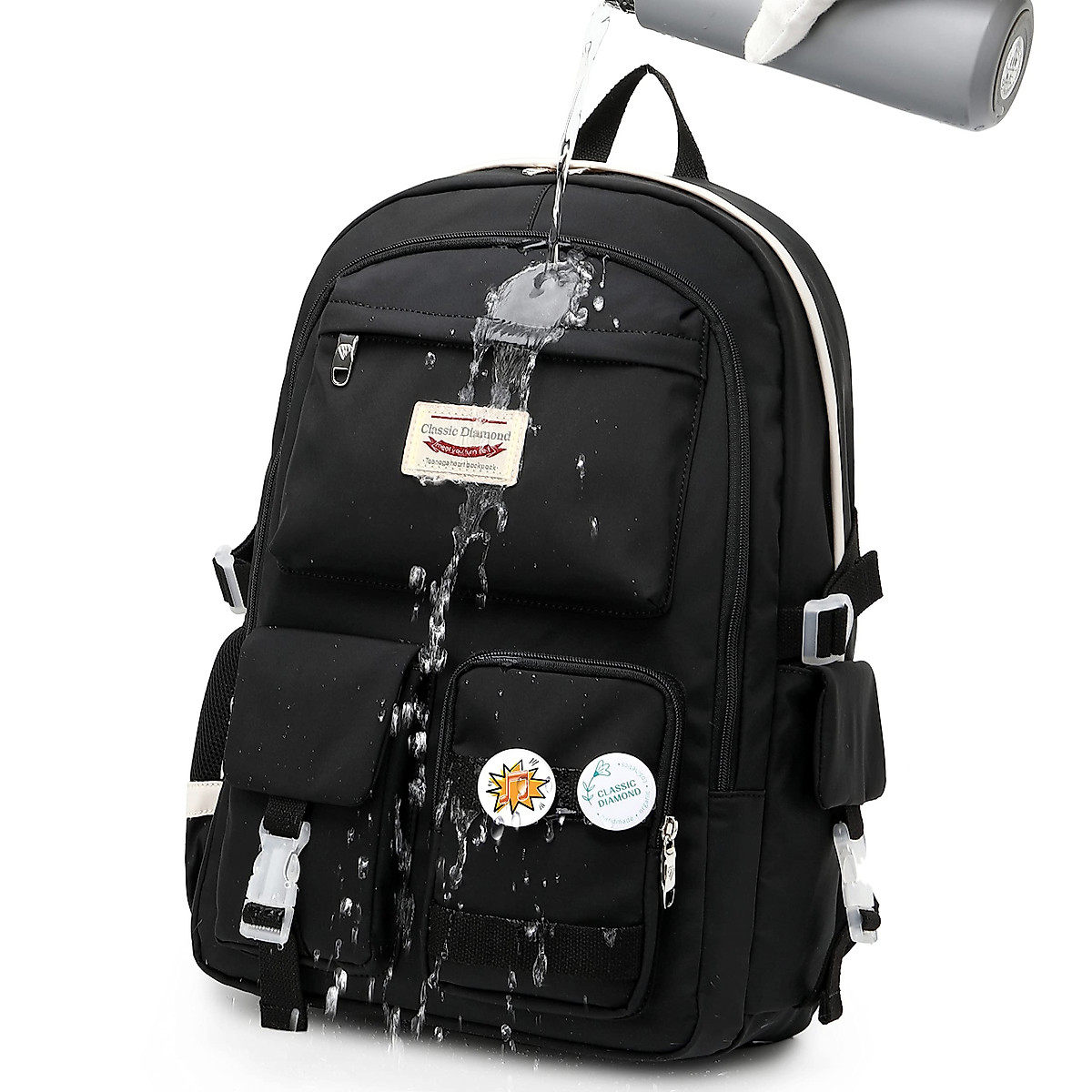 Classic Diamond School Backpack for Girls Backpack Cute Bookbag Kawaii School Bag Anime College Backpack for Teen Girls (Black)