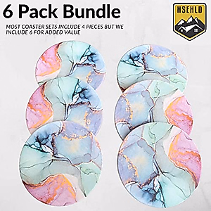 HSEHLD Marble Coasters for Drinks, Geode Coasters, Agate Coaster Large Absorbent, Water Absorbing Coasters for Glass Table Top - Large 4 inch Size, Set of 6 (Mint Green Marble)