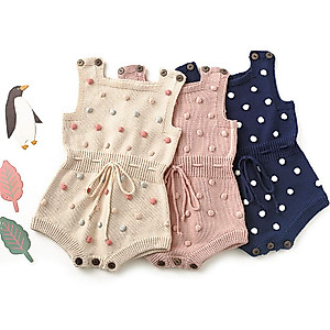 Simplee kids Baby Girl Kint Rompers Fall Sleeveless Pompoms Baby Girl Rompers 3-6 Months Little Girl Apricot Overall Jumpsuit Outfit