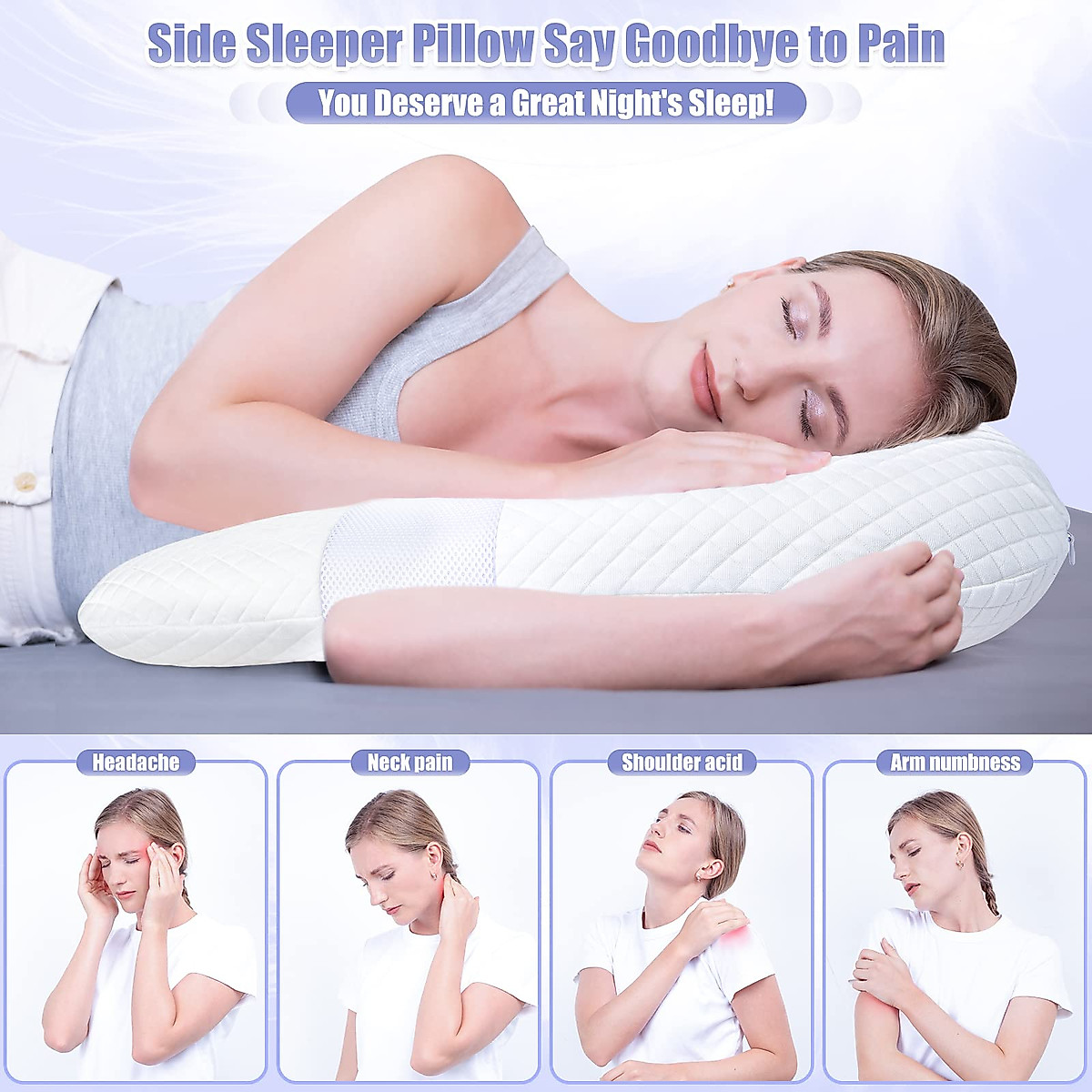 SAHEYER Pillow for Side Sleeper, Odorless Body Pillow for Adults Shoulder Pain Relief, U-Shaped Memory Foam Orthopedic Contour Support Pillows for Neck, Back, Arm with Removable Washable Cover, White