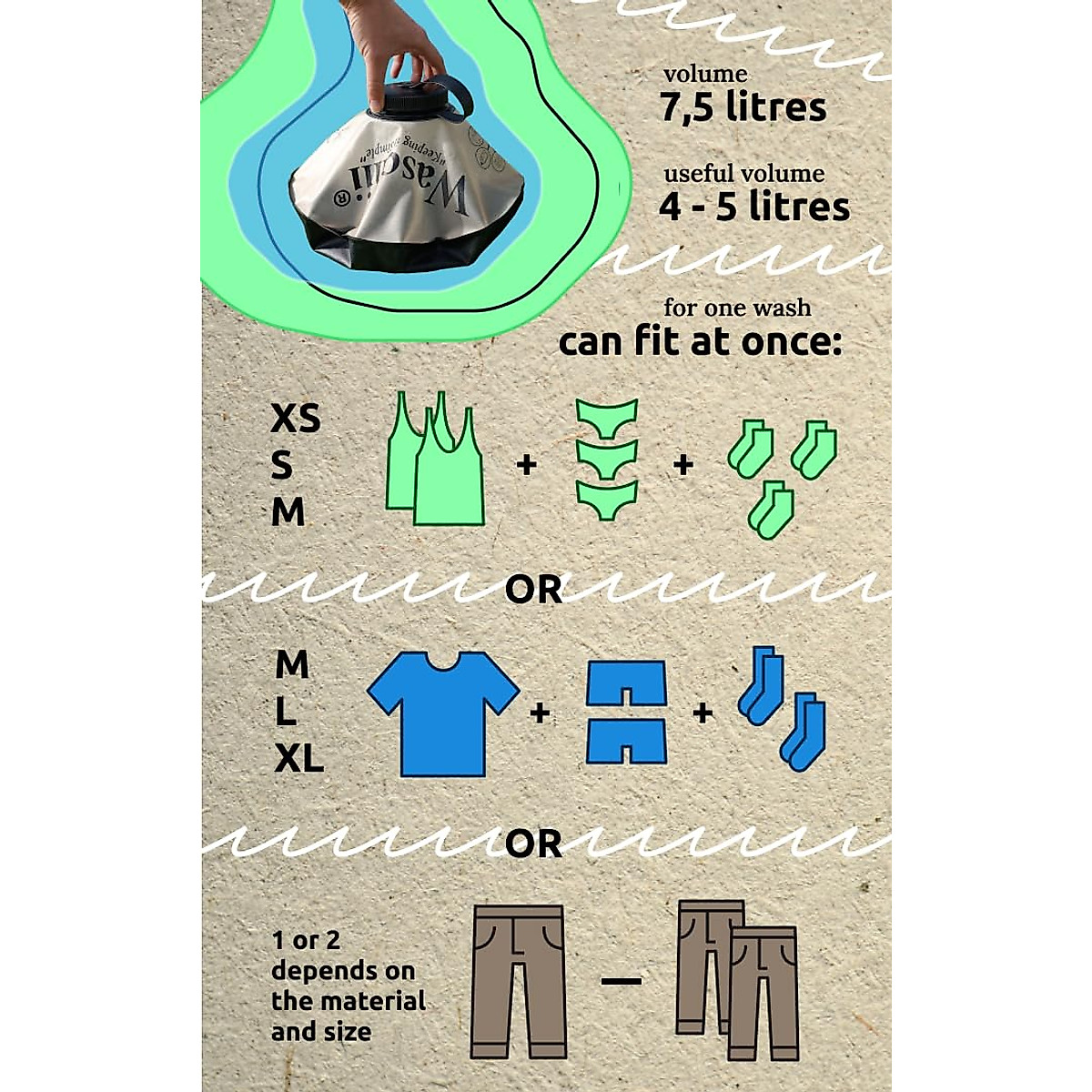 Waschii Portable Travel Laundry Bag - Solar Heated, Eco-Friendly, Compact and Durable Laundry Solution for Camping, Hiking, and Travel
