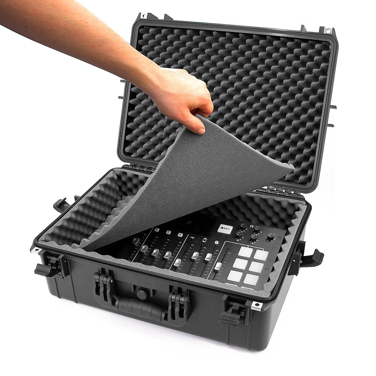CASEMATIX Waterproof Mixer Carry Case Compatible with Yamaha MG12XU 12 Channel Mixing Console and More - Hard Shell Sound Board Case with Foam Fits Mixers up to 17" x 12.1" x 5" and Cables, Case Only