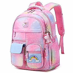 PIG PIG GIRL Girls Backpack, Functional Pockets Kids Backpack Kawaii Lightweight School Backpack Watrer Resistant Book Bag with Unicorn Pendant for Primary Elementary School,Pink
