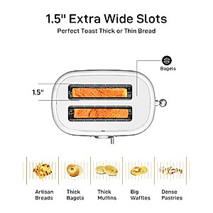 2 Slice Toaster with Extra Wide Slots & Removable Crumb Tray - 6 Browning Options, Auto Shut Off & Frozen Function, Toast Fruit Bread, Bagel & Waffle, White