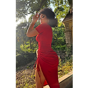 GOKATOSAU Women's Sexy Bodycon Short Sleeve Slit Ruched Summer Club Party Midi Dress Red