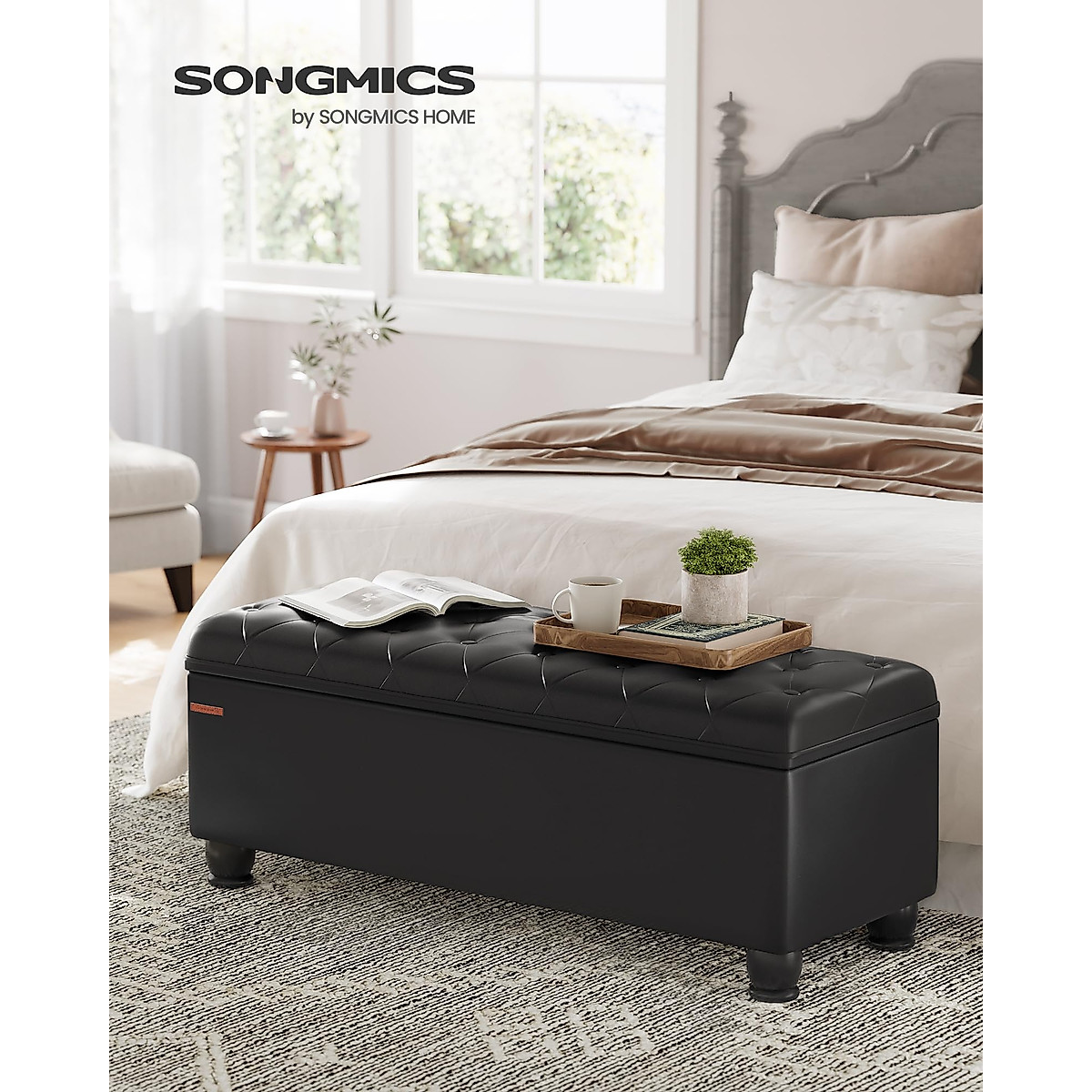 SONGMICS Storage Ottoman, Storage Bench, Tufted Entryway Bedroom Bench, 17.7 x 46.5 x 17.7 Inches, Hinges Easy Lid Operation, Wooden Legs, Synthetic Leather, Loads 330 lb, Classic Black ULOM071B01