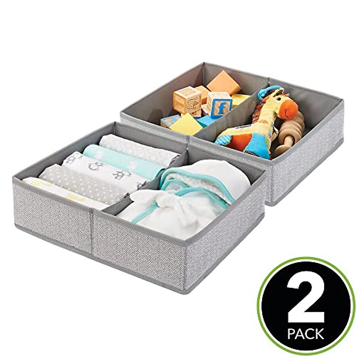 mDesign Fabric Divided Drawer Organizer Bins, Kids/Baby Nursery Dresser, Closet, Shelf, Playroom Organization, Hold Clothes, Toys, Diapers, Bibs, Blankets, Lido Collection, 2 Pack, Gray Herringbone