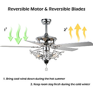 Bella Depot 52-in Chrome Branches Crystal Ceiling Fan, Remote Control, Reversible Motor & 5 Wood Reversible Blades, K9 Crystal Pendant, Chrome Finish (Chrome)