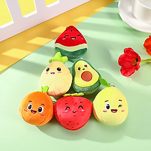 Aoriher 6 Pcs Fruit Plush Toys Colorful Cute Stuffed Mini Avocado Strawberry Orange Handbag Backpack Keychains Sensory Gifts for Christmas Party Favors Classroom Reward Exchange Gifts, 3.15 Inches