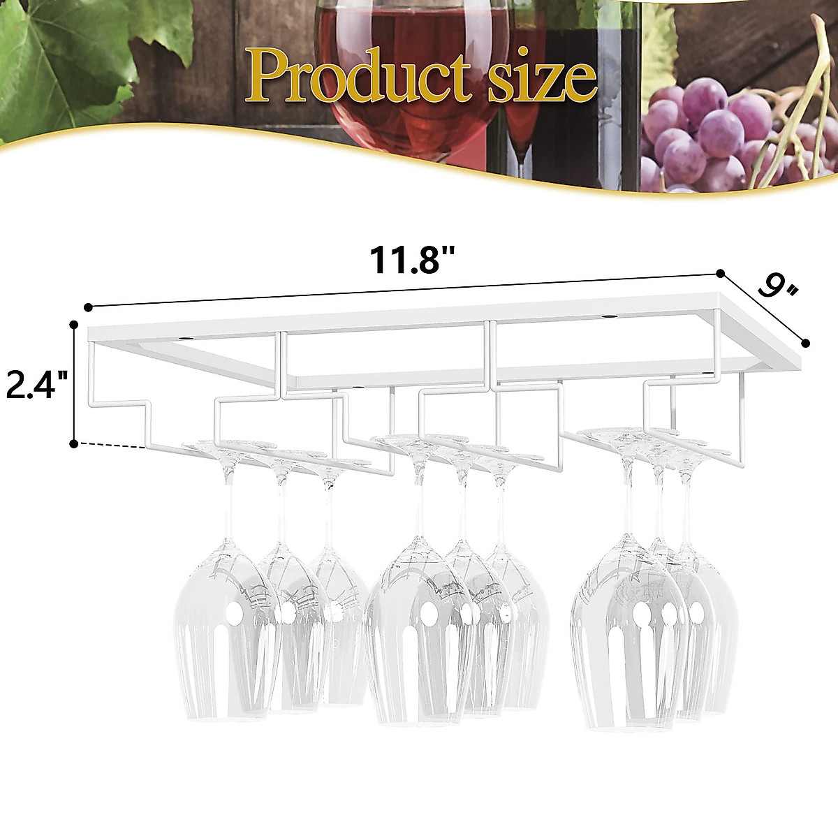 C&AHOME 3-Row Wine Glass Rack, Under Cabinet Stemware Rack, Wine Glasses Holder Storage Hanger, Metal Glass Organizer for Kitchen, Cabinet, Bar, 11.8" L × 9" W × 2.4" H White UWG3R1W