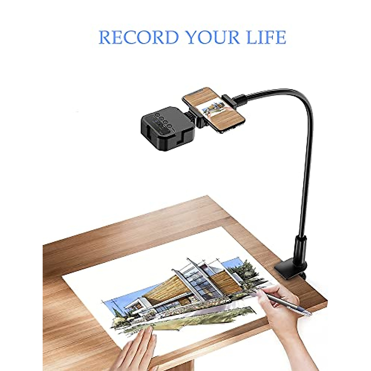 Phone Stand for Recording, 31 Inch Gooseneck Overhead Phone Mount with LED Light for Desk, 360° Rotation with Selfie Stands and Phone Holders for Video Recording, Live Streaming, YouTube Tiktok