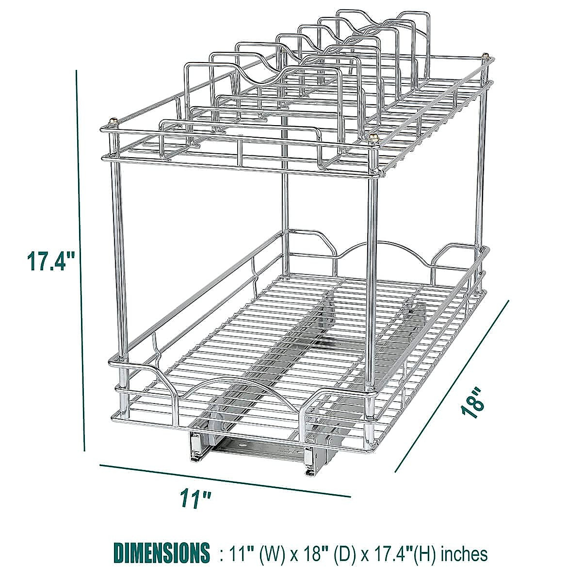 OCG 2 Tier Pull Out Cabinet Organizer for Lid Cookware (11" W x 18" D), Slide Out Kitchen Cabinet Shelves, 2 in 1, Chrome Finish
