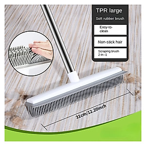 TUDEXX Pet Hair Removal Rubber Broom with Built in Squeegee, 2 in 1 Floor Brush for Carpet, Adjustable Handle, Includes One Microfiber Cloth for Floor Dusting