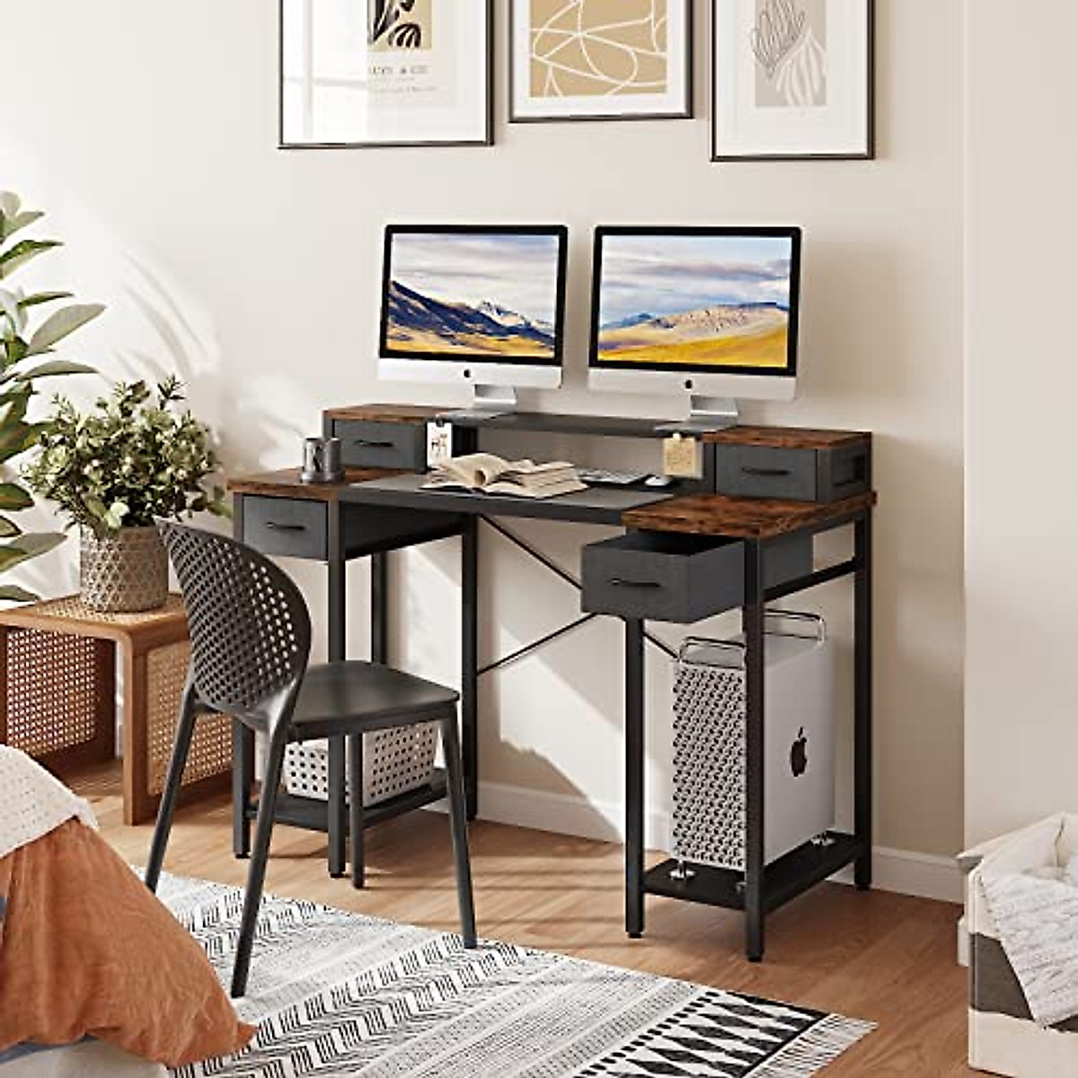 YAOHUOO Computer Desk with Dual Monitor Stands - 48'' Office Desk Writing Desk with 4 Drawers and Keyboard Storage, Work Desk with Dual PC Mainframe Shelves for Storage (Rustic Brown, 48)