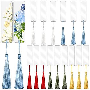 15 Pcs Clear Acrylic Blank Bookmarks Rectangle Plastic Craft Transparent Blank Acrylic Book Markers with 15Pcs Small Bookmark Tassels for Classroom Projects and Gifts Tags