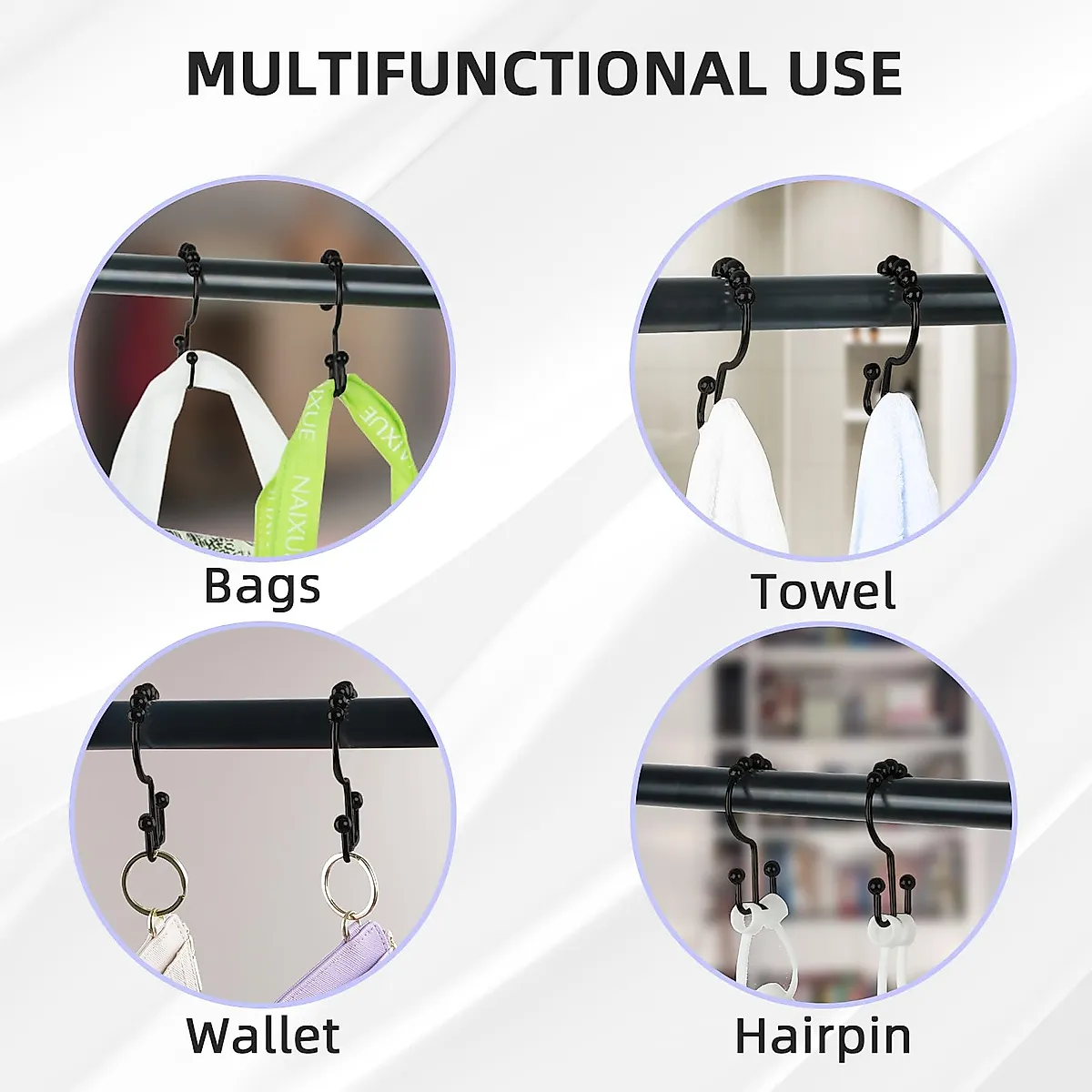 Shigat Shower Curtain Hooks for Curtain Rod, Shower Curtain Rings, Rust-Proof Metal Double Glide Shower Curtain Hooks for Bathroom Shower Curtain Rods, Set of 12 Shower Curtain Hooks (Black)