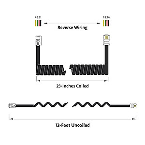 Cablesys Coiled Telephone Handset Cord for Use with PBX Phone Systems, VoIP Telephones - 12 Ft Uncoiled, Rj22, 1.5 Inch Lead on Both Ends, Flat Black, 10-Pack