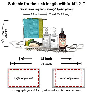 Mindore Sink Caddy, Telescopic Sink Storage Rack, Stainless Steel Sponge Holder for Kitchen Sink, Over Sink Sponge Holder with Dishcloth Towel Holder, Adjustable Sink Rack for Soap, Scrubber Brush