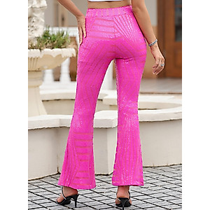 EVALESS Hot Pink Pants for Women Sparkly Glitter High Waisted Wide Leg Sequin Flare Trousers Bell Bottom Clubwear S 4 6