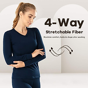 MANCYFIT Womens Thermal Underwear Long Johns Set with Fleece Lined Ultra Soft V Neck Blue Large