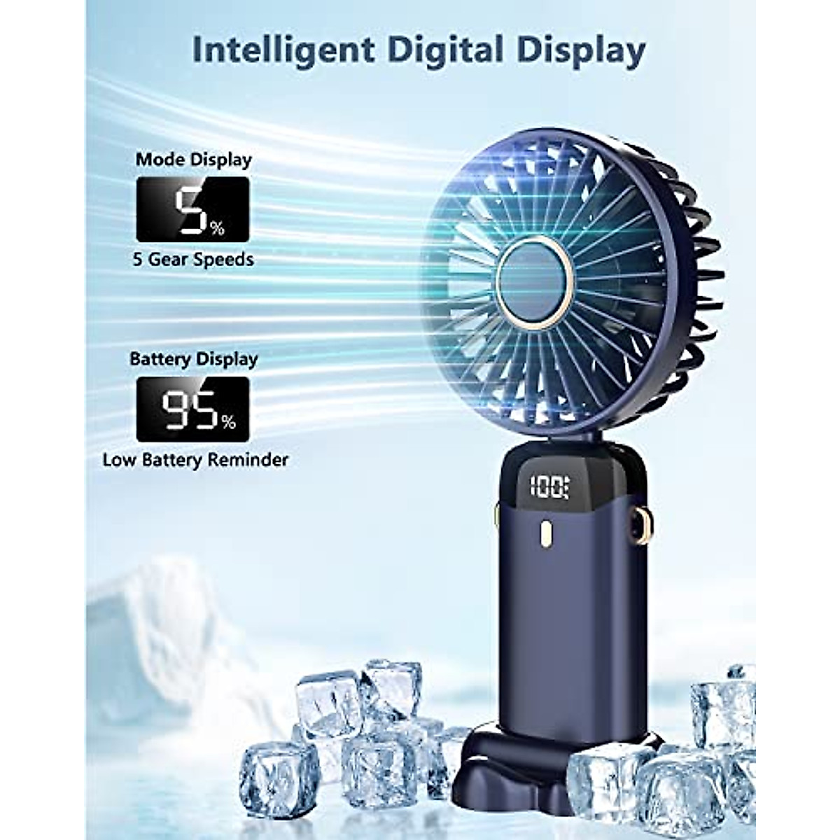 JANREAY Mini Handheld Fan, USB Desk Fan, Small Personal Portable Table Fan 5 Speed with USB Rechargeable Battery Operated Cooling Folding Electric Fan for Travel Office Room Household (Blue)…