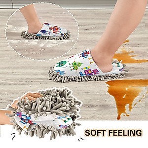 Microfiber Cleaning Slippers Cute Robots Washable Mop Shoes Slipper for Men/Women House Floor Dust Cleaner, Size M
