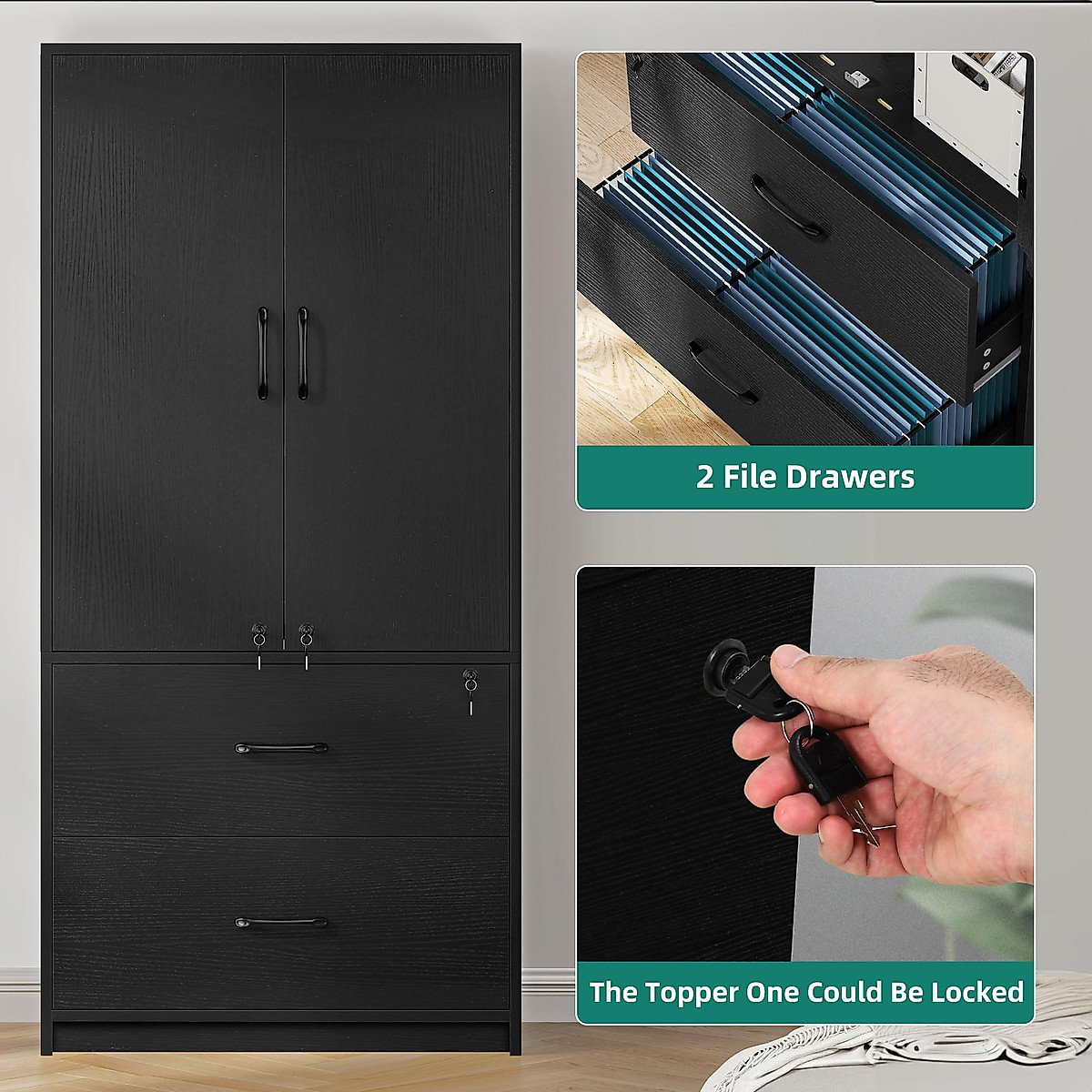 YITAHOME Wood File Cabinets, Heavy Duty Garage Tool Cabinets with Doors & Adjustable Shelves, Big Storage Filing Lockers for Home Office, Living Room, Pantry, Gym, Basement, Warehouse, Black