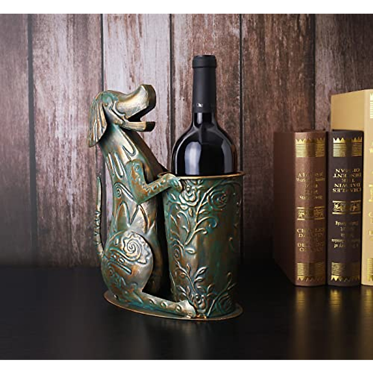 FANWNKI Metal Wine Bottle Holder Bronze Dog Sculpture Wine Rack Home Kitchen Tabletop Decor 11.4Inch
