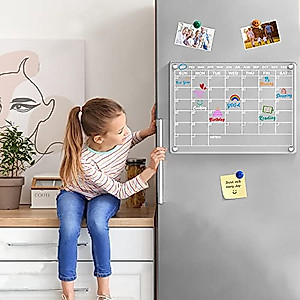 Acrylic Magnetic Dry Erase Calendar Board for Fridge,16"x12" Clear Monthly Calendar Planner Board for Refrigerator, Reusable Portable Calendar Whiteboard Memo Planning Boards