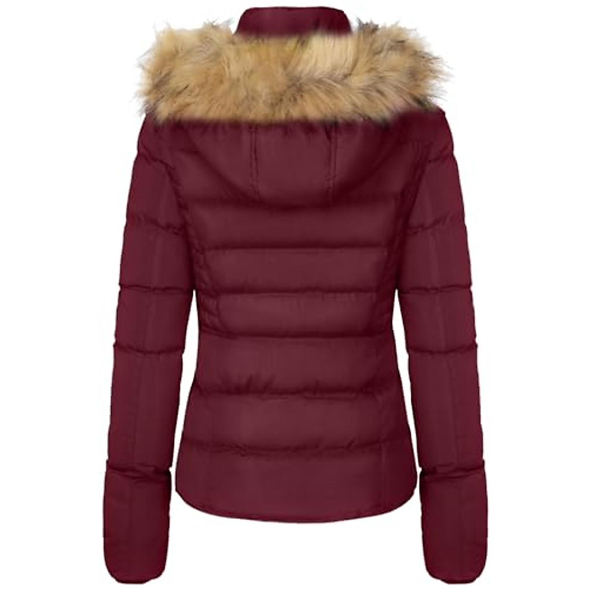 BodiLove Women's Winter Quilted Puffer Short Coat Jacket with Removable Faux Fur Hood and Zipper Burgundy L