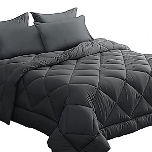 HEVUMYI Queen Comforter Set 8 Pieces, All Season Reversible Bed in a Bag Queen, Ultra Soft Bedding Sets with Comforter, Flat Sheet, Fitted Sheet, Bed Skirt, Pillowcases & Pillow Shams (Dark Gray)