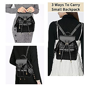 NZ SIXVONA Small Backpack for Women, Drawstring Mini Backpack Faux Leather Flap Checkered Backpack Purse for Women-Black