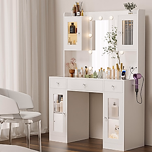 Jaojcoe Makeup Vanity Desk with RGB Lights, Vanity Table with Glass Tabletop & 3 Light Settings & Charging Station, 59inch Large Makeup Vanity for Bedroom