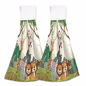 Alaza Animal Jungle Monkey Tiger Giraffe Lion Elephant Kitchen Towels Tea Towels Dish Towels with Hanging Loop 2 Pack