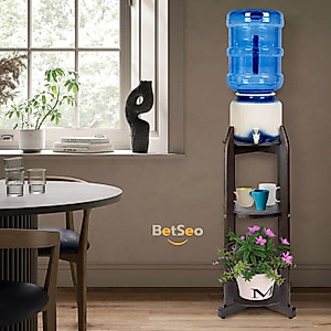 BETSEO Natural Solid Wood Water Dispenser Floor Stand (32.8" Hight-11.2" Wide) Drink Dispenser Floor Stand with 3 Round Shelfs Included for 1-5 Gallon Water Bottles/Crocks, Water Jug (Walnut Color)