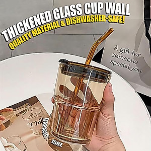 Xunsiga 15 oz Glass Cups with Lids and Straws, Glass Iced Coffee Cup with Insulated Leather sleeve, Cute Glass Coffee mugs for coffee Iced Tea Smoothie Cups, Glass Tumbler with lid - Amber