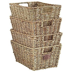 VonHaus Set of 4 Seagrass Storage Baskets with Insert Handles Ideal for Home and Bathroom Organization - 12(L) x 9(W) x 6(H) inches